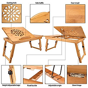 Bamboo Laptop Desk Bed Tray,Foldable Adjustable Laptop Bed Desk Bamboo Laptop Bed Stand,Serving Bed Tray Breakfast Table Tilting Top