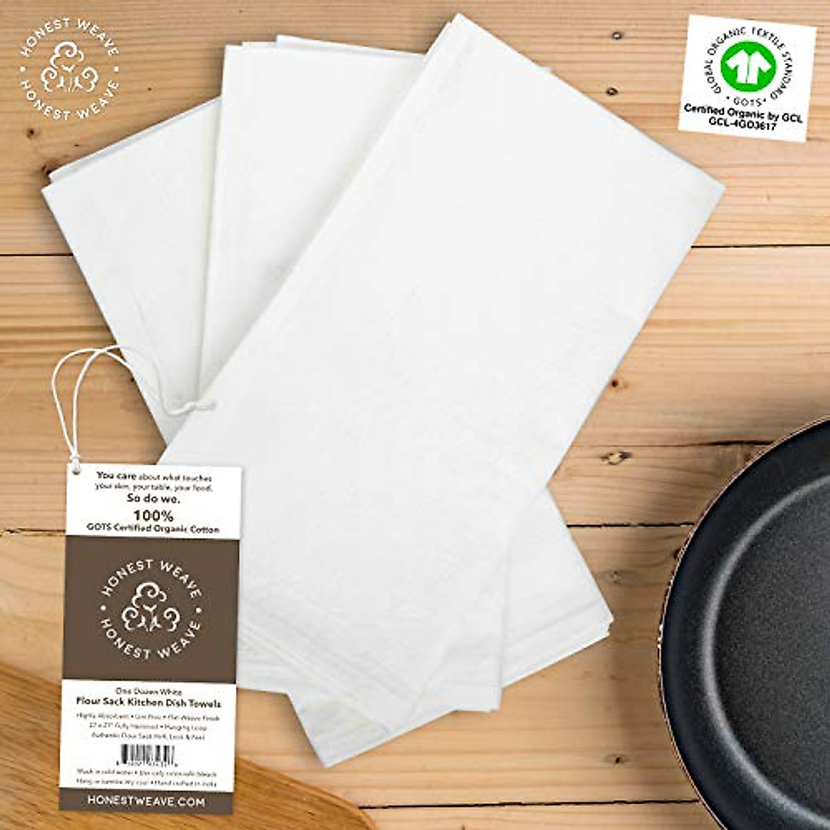 HONEST WEAVE GOTS Certified 100% Organic Flour Sack Cotton Kitchen Hand and Dish Towel Sets - Extra Large 27x27 inches, Fully Hemmed, 12-Pack, White