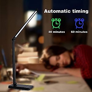 Kitys Fatch LED Touch Sensing Desk Lamp with USB Charging Port, 5 Lighting Modes, 5 Levels of Brightness, 30/60 Minutes Auto Timer, Foldable Desk Lamp for Bedroom, Study Room, (Black)