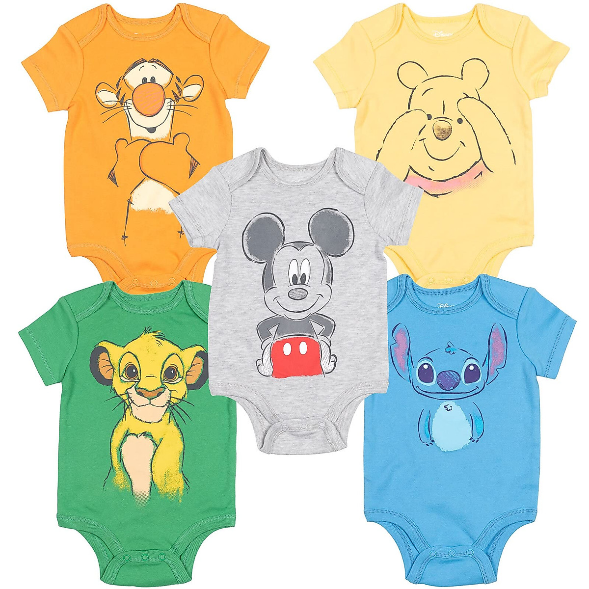 Disney Mickey Mouse Lion King Pooh Bear Tigger Stitch Baby 5 Pack Bodysuits 0-3 Months