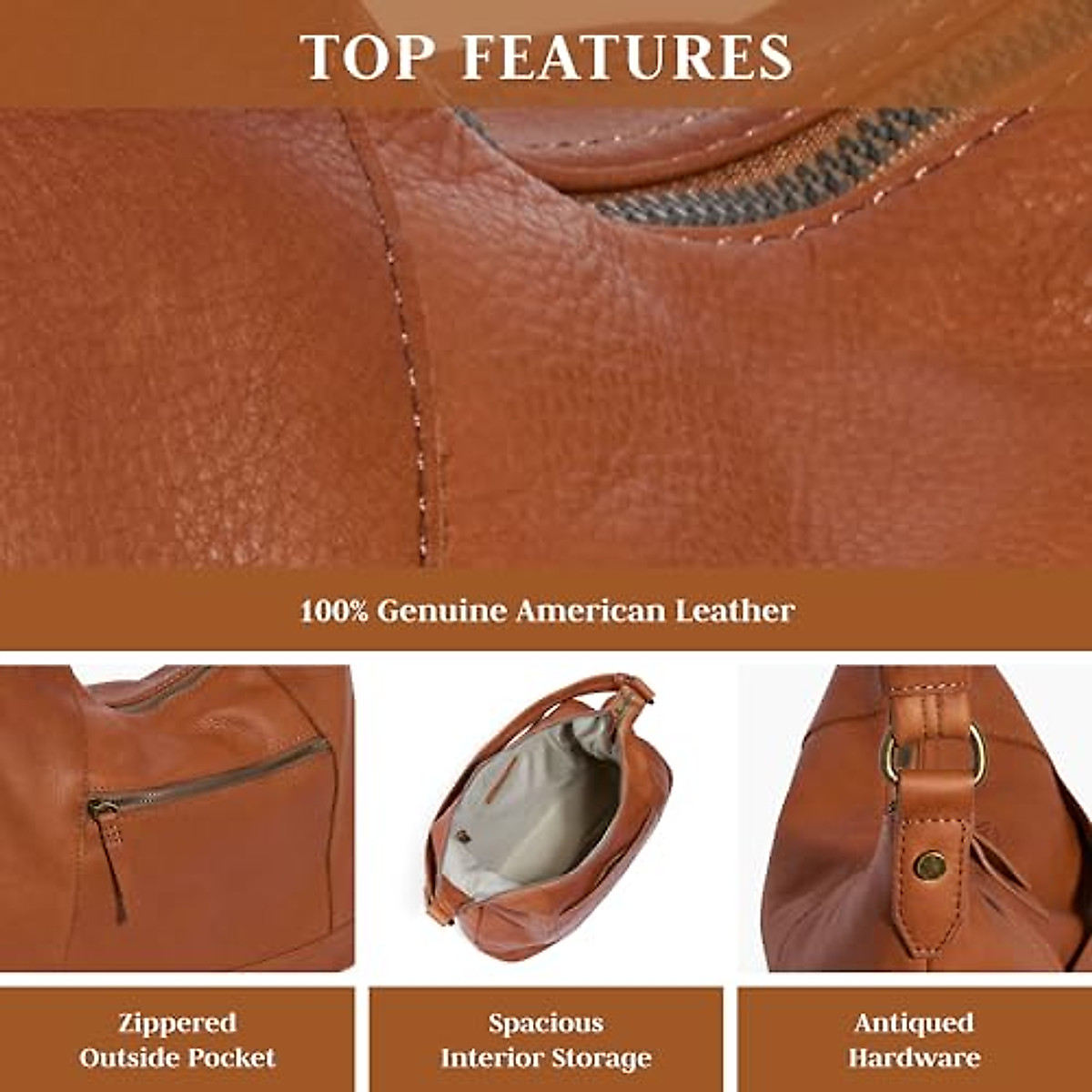 American Leather Co. Hudson Hobo Shoulder Bag for Women, Brown, Soft Leather Purse, Modern Handbag with Zippered Main Compartment & Slip Pockets, Functional & Fashionable Handbags for Women