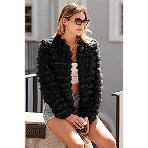 PRETTYGARDEN Womens 2024 Winter Coats Fashion Faux Fur Long Sleeve Fleece Shaggy Lightweight Fall Cropped Jacket Outerwear (Black,Medium)