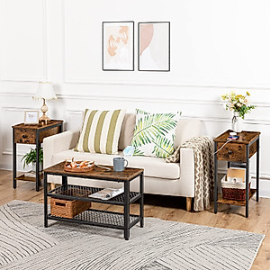 HOOBRO End Table with Charging Station, Set of 2 Narrow Side Table, Small Nightstand, Bedside Table with Drawer and Storage Shelves, for Small Spaces, Rustic Brown and Black BF041BZP201