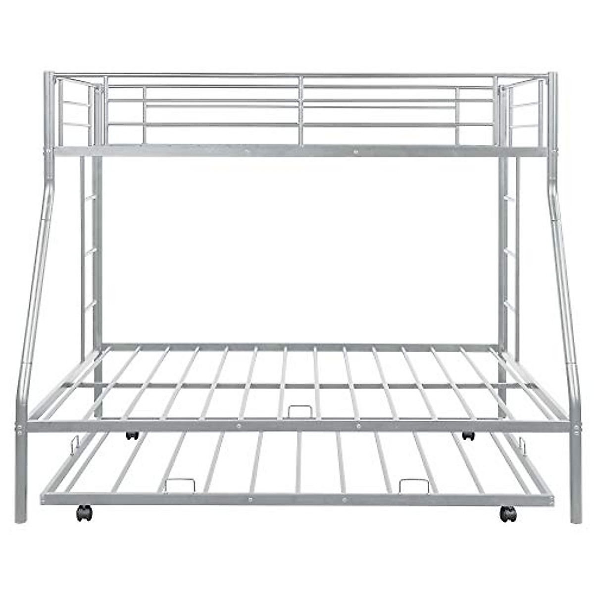 Metal Bunk Beds Twin Over Full Size with 2 Ladder and Trundle Bed for Kids Teens Adults, (Silver)