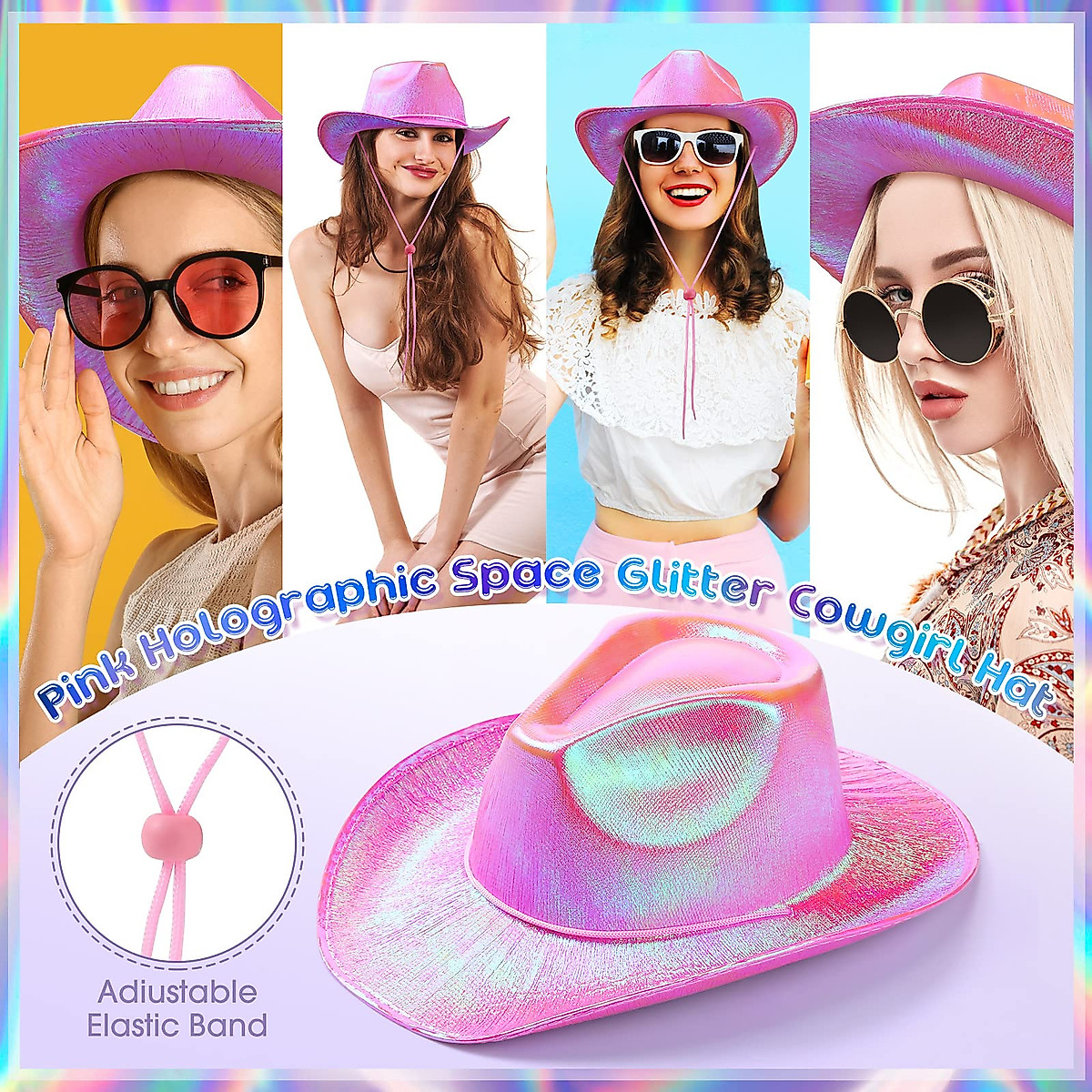 Coume 12 Pcs Neon Sparkly Glitter Cowgirl Cowboy Hat for Women Girl Holographic Cowboy Hat Bulk for Bachelor Halloween Party(Pink,Stylish Style)