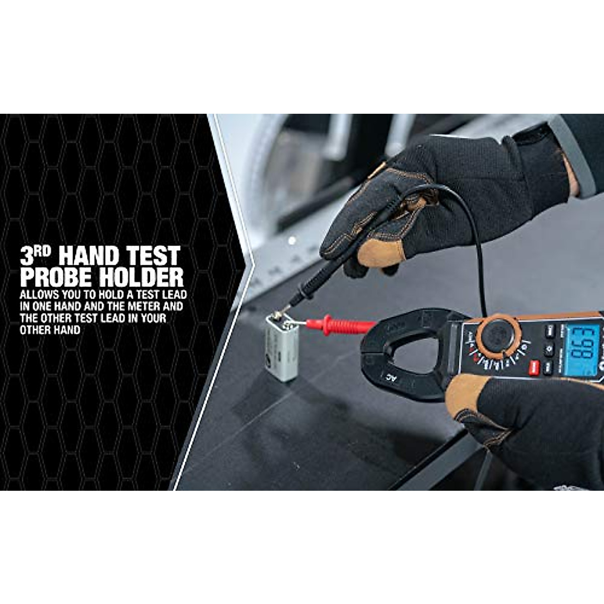 Southwire 21510N clamp meter; third-hand test probe holder; 400A AC current range; CAT III 600V safety rating; built-in non-contact voltage detector; 5 year warranty; Black Brown