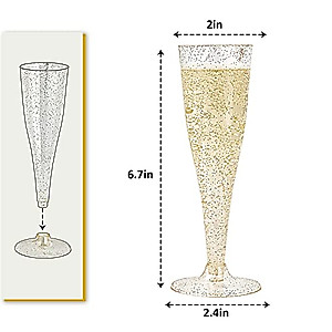 JOLLY CHEF 30 Pack Plastic Champagne Flutes Disposable 4.5 Oz Gold Glitter Plastic Champagne Glasses Perfect for Wedding, Thanksgiving Day, Christmas