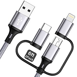 Multi Charging Cable [6ft 2Pack] 3 in 1 USB Charger Cable Nylon Braided Fast Charging Cords Chargers for Multiple Devices with Lightning/Type C/Micro USB/iPhone/iPads/Samsung Galaxy/Ps/Tablets &More