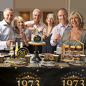 50th Paper Plates and Napkins - Gold Foil Stamp 72PCS Disposable Plates Paper Napkins, Vintage 1973 Retirement Wedding Anniversary Birthday Party Balck Gold Tableware Serves 24 Guest, 9” & 7” Plates