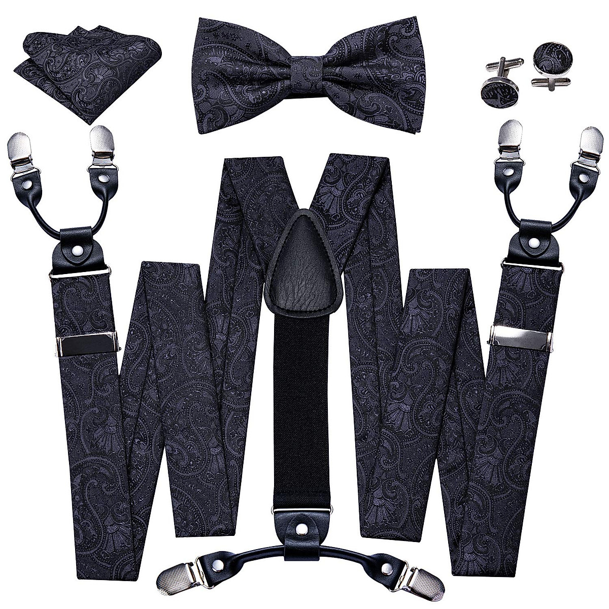 Barry.Wang Men Black Paisley Suspender and Bow Tie Set Y Shape Heavy Duty 6 Clips Braces