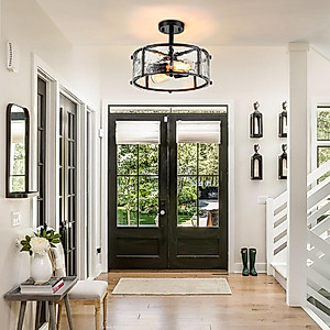 TinHon Black Semi Flush Mount Ceiling Light,12.8" Modern Small Drum Close to Ceiling Light Fixture,Easy to Install 2-Light Lightweight Glass Ceiling Lights for Dining Room,Living Room,Kitchen