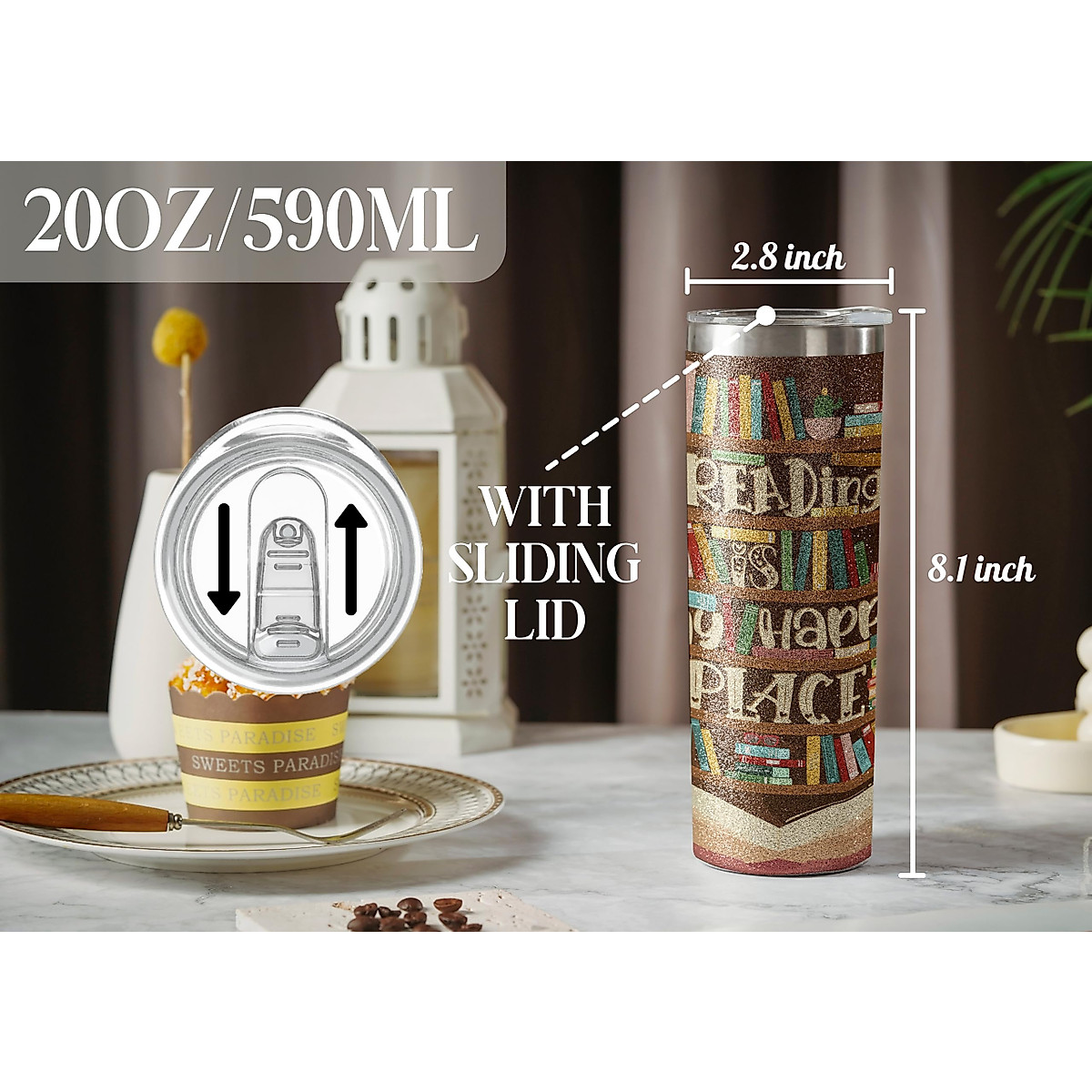 Onebttl Book Lovers Gifts For Women - 20oz/590ml Stainless Steel Insulated Tumbler with Straw, Lid - Reading Gifts for Book Worm, Librarians, Readers - Bookshelf Glitter