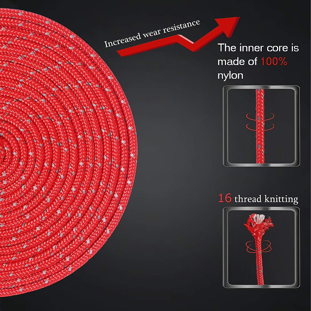 HIKEMAN 50m Reflective Guyline Solid Braid Nylon Camping Rope with Aluminum Adjuster Cord Tensioner Tent Accessory for Outdoor Travel,Hiking,Backpacking and Water Activities (Black, 3mm)