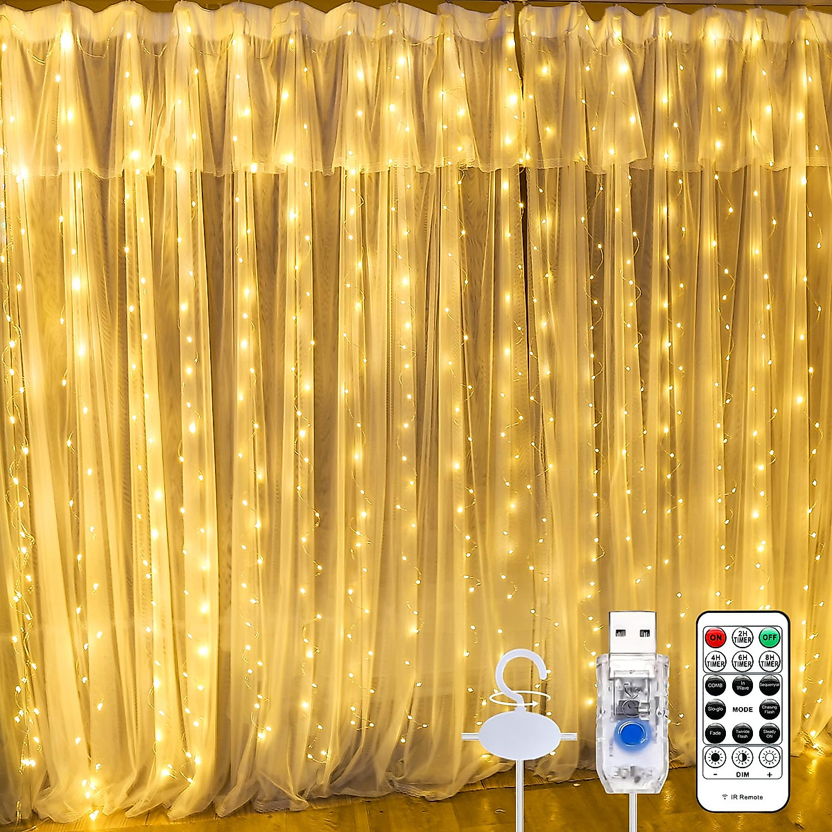 SINAMER White Curtain Light for Bedroom, 300 LED 9.8ft x 9.8ft Curtain String Light with 16 Hooks, 8 Models Remote Control, Window Fairy Light with USB for Wedding Party Home Garden Indoor Decorations