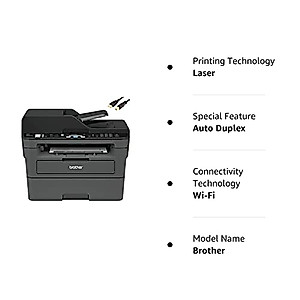 Brother MFC L26 Series All-in-One Laser Printer, Print, Copy, Scan, Fax - 26 ppm, 2400 x 600 dpi, 250 Sheets, Wireless, Mobile Printing, Auto 2-Sided Printing, with MTC Printer Cable