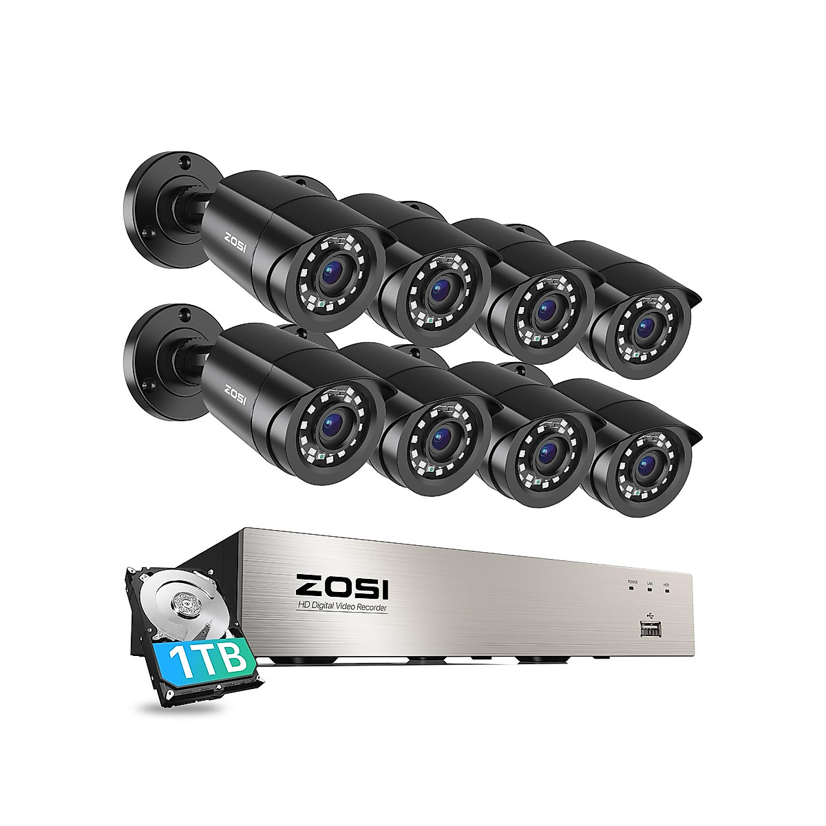 ZOSI 8CH 1080P Security Camera System Outdoor with 1TB Hard Drive H.265+ 8 Channel 5MP Lite Video DVR Recorder with 8X 1080P HD 1920TVL Weatherproof CCTV Cameras, Motion Alert, Easy Remote Access
