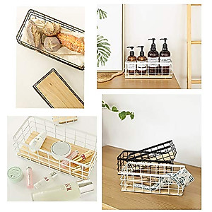 JOYJOO Metal Storage Basket Small with Wood Base, Decorative Baskets for Home Storage, Wire Basket for Organizing Small Tableware Black with Brown