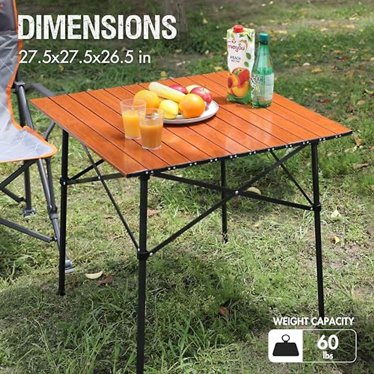 PORTAL Lightweight Aluminum Folding Square Table Roll Up Top 4 People Compact Table with Carry Bag for Camping, Picnic, Backyards, BBQ, Brown