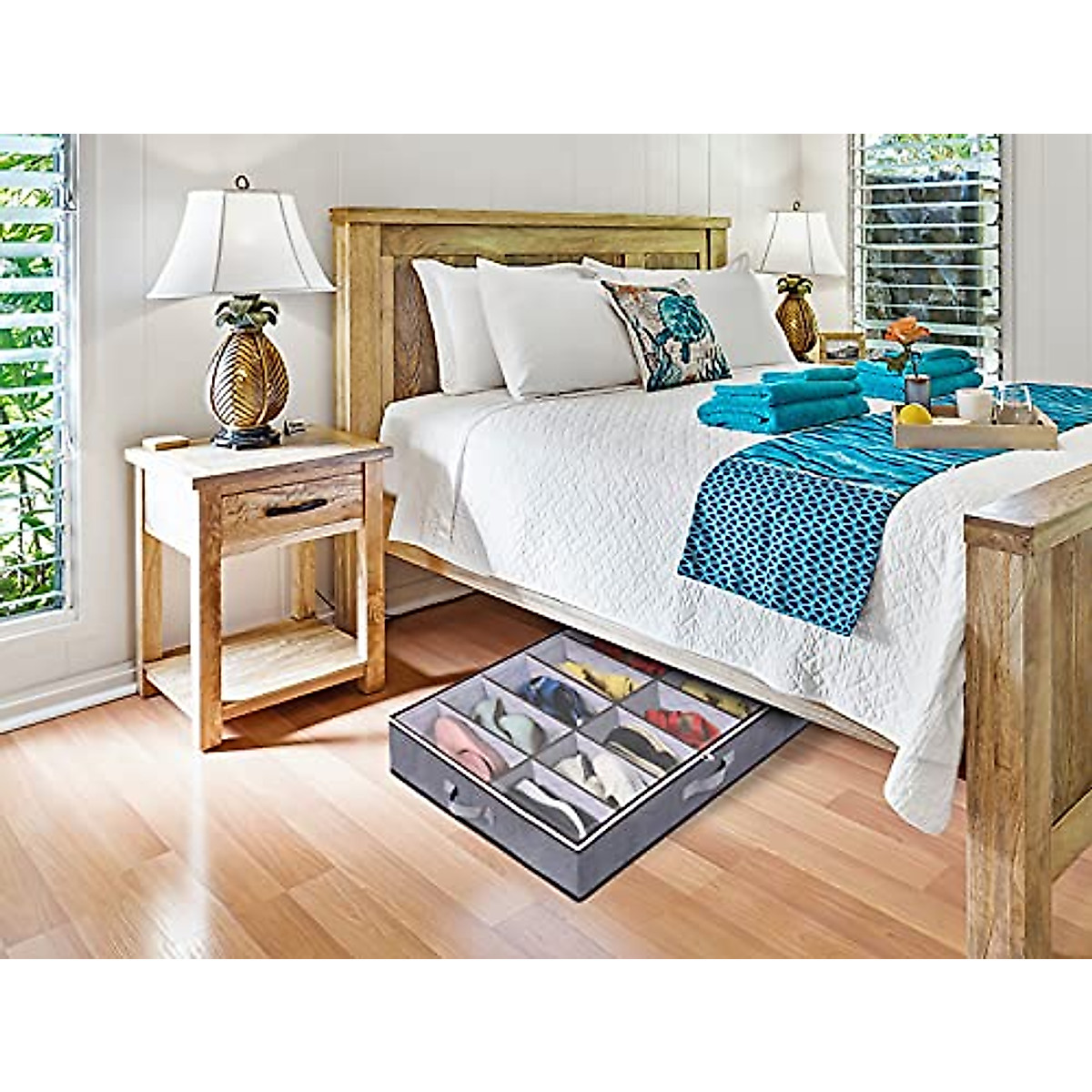 Under Bed Shoe Storage Organizer, Adjustable Dividers - Set of 2, Fits 24 Pairs Total - Underbed Storage Solution Gray