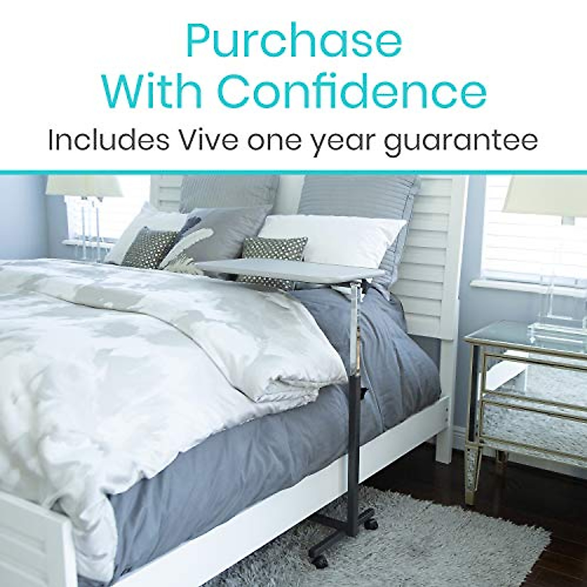 Vive Compact Overbed Table - Over Hospital Bed Tray - Rolling for Home Use or Medical - Adjustable Height, Tilt Top and Swivel Wheels - for Reading, Laptop, Eating, Bedridden, Elderly and Seniors