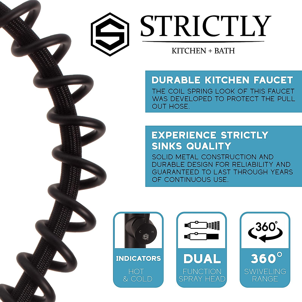 Strictly Sinks Kitchen Faucet with Pull Down Sprayer-Contemporary Design Single Handle High Arc Spring Faucet–Dual Function Spray Head with 360 Swivel Spout-Towel Bar Sink Faucet (Black)