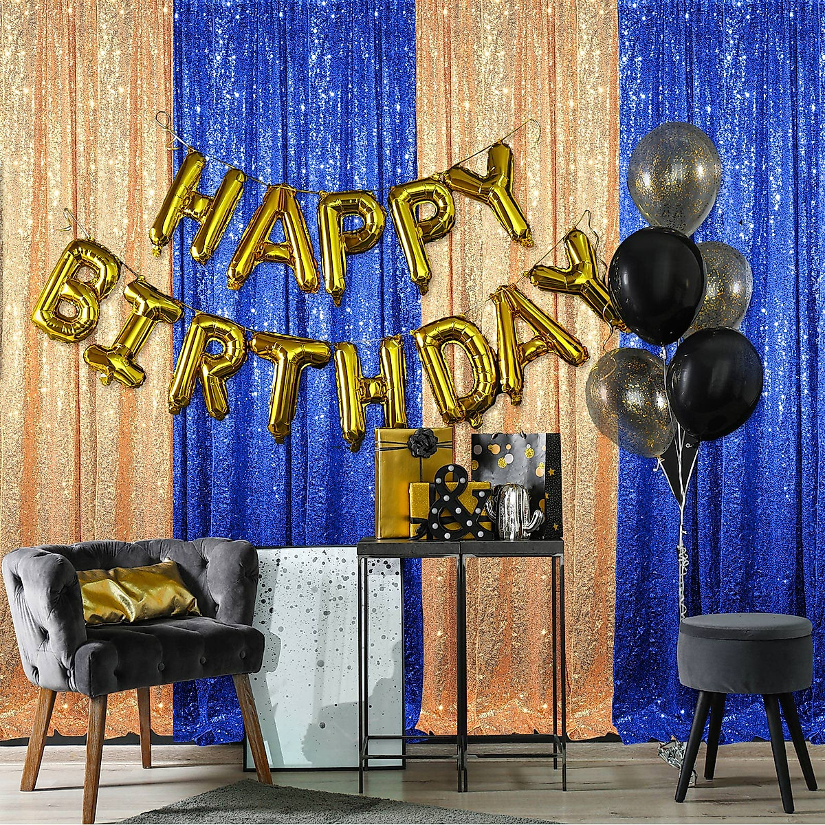 4 Panels Sequin Backdrop Curtain 2 ft x 8 ft, Backdrop Curtain for Party Sequin Backdrop Glitter Curtain for Congrats Grad Graduation Party Decorations, Birthday, Wedding (Blue, Gold)