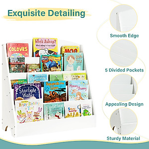 TOETOL 5-Tier Kids Bookshelf - Toddler Book Display Shelves for Classrooms, Playrooms, and Nursery - Wooden Children Book Rack (White)