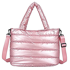 Ovida Women Puffer Tote Bag Puffy Shoulder Bag Quilted Top-Handle Crossbody Bag Down Cotton Padded Tote Handbag with Zipper (Pink)