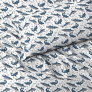 dream FACTORY Kids Sheet Set Lightweight Microfiber Bed Sheets Super Soft Easy Wash Cozy Bedding 10” Pocket - Twin, Blue Sharks