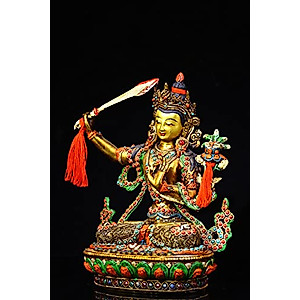 9" Tibetan Temple Collection Old Bronze Outline in Gold Painted Mosaic gem Dzi Beads Manjushri Worship Buddha Town House
