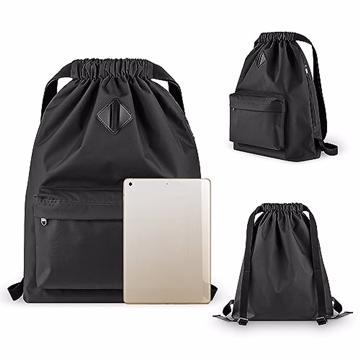Vorspack Drawstring Backpack Water Resistant String Bag Cinch Bag Sports Gym Sack with Side Pocket for Men Women - Black