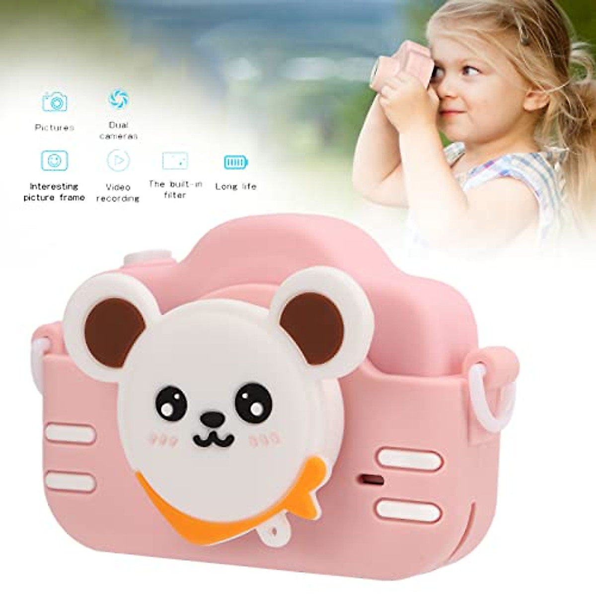 Kids Camera, Rounded Shape Anti Skid Food Grade ABS Children Digital Camera 16 Filters for Kids Game(Pink)