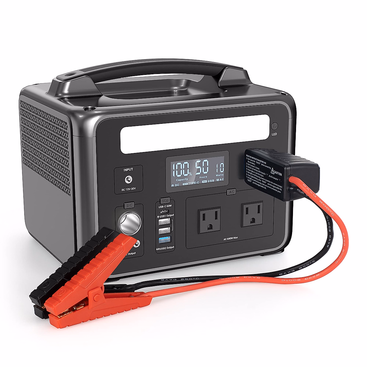 AMPACE P600 Portable Power Station w/Car Jump Starter Metal Gray, 584Wh Backup LiFePo4 Battery A-Turbo 1800W Fast Charging Solar Generator (Solar Panel Optional) LED Light for Home Outdoors Camping