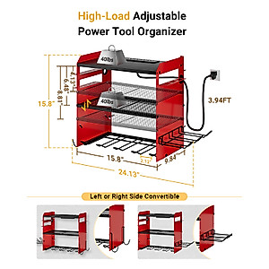 Dunatou Adjustable Power Tool Organizer Wall Mount with Charging Station, 6 Drill Holder & 4 Outlet, Wood Garage Tool Organizer Wall Mount Power Tool Rack with Hooks, Gift for Men