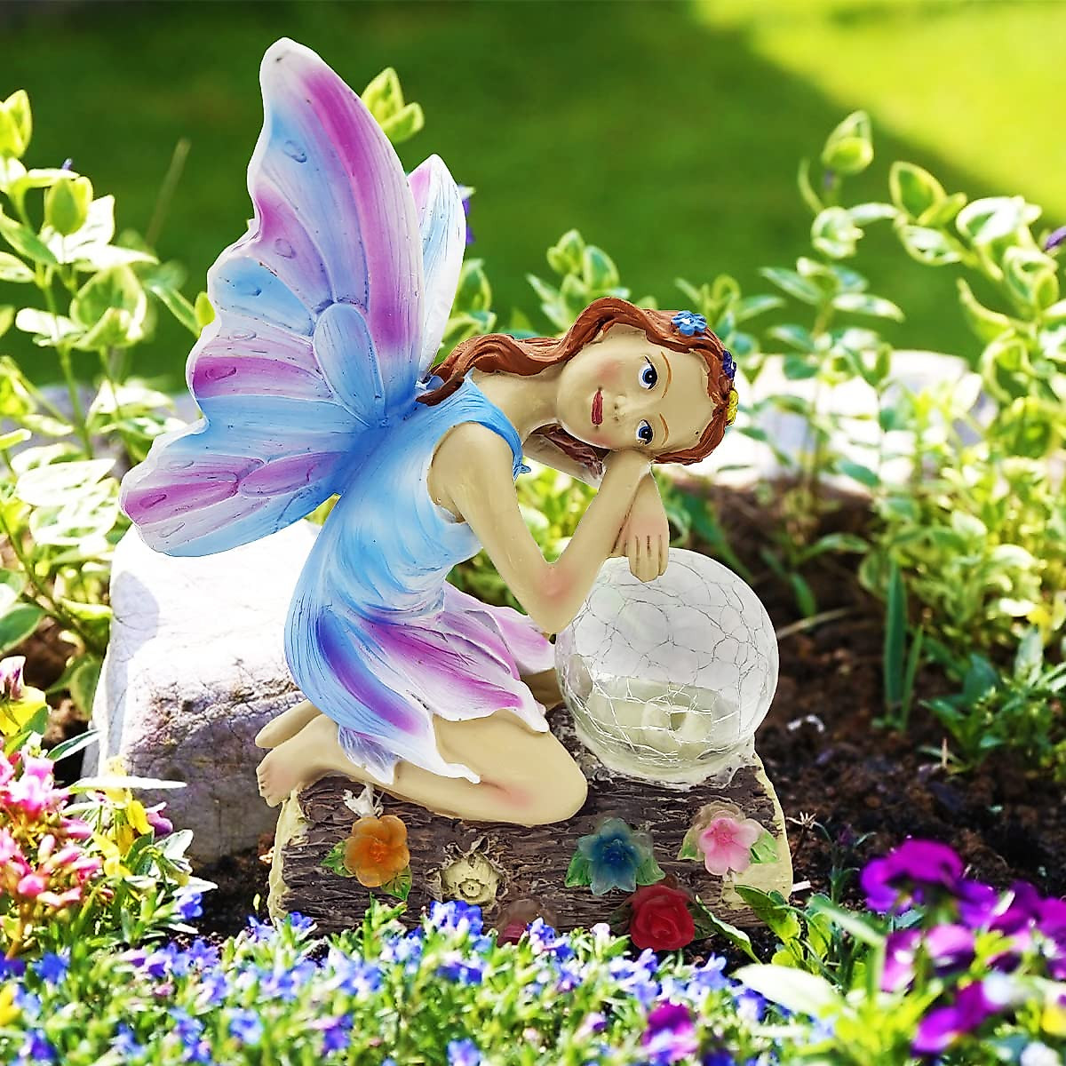 PERFECTOP Solar Angel Garden Statue Outdoor Decor, Resin Fairy Angel Elf Girl Figurine with Solar Lights, Garden Art for Patio Lawn Yard Porch Wedding Home Decoration, Valentine's Day Women Gifts