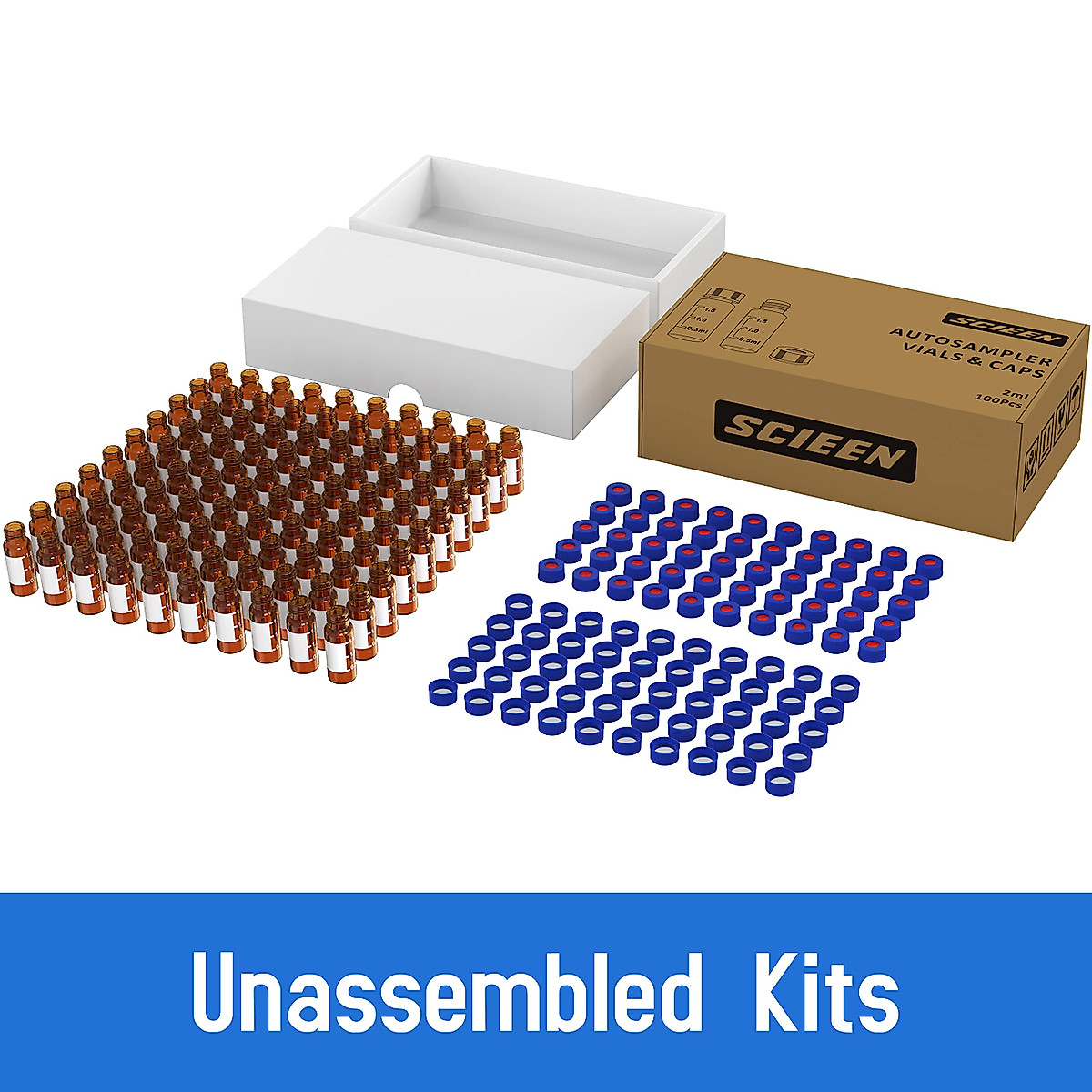 SCIEEN Autosampler Vial, Clear Glass 12 x 32 mm 9-425 Screw Neck Vial with Cap and Red Silicone&White PTFE Septum, 2ml Sample Vial with Writing Patch&Graduation Mark, 100/PK