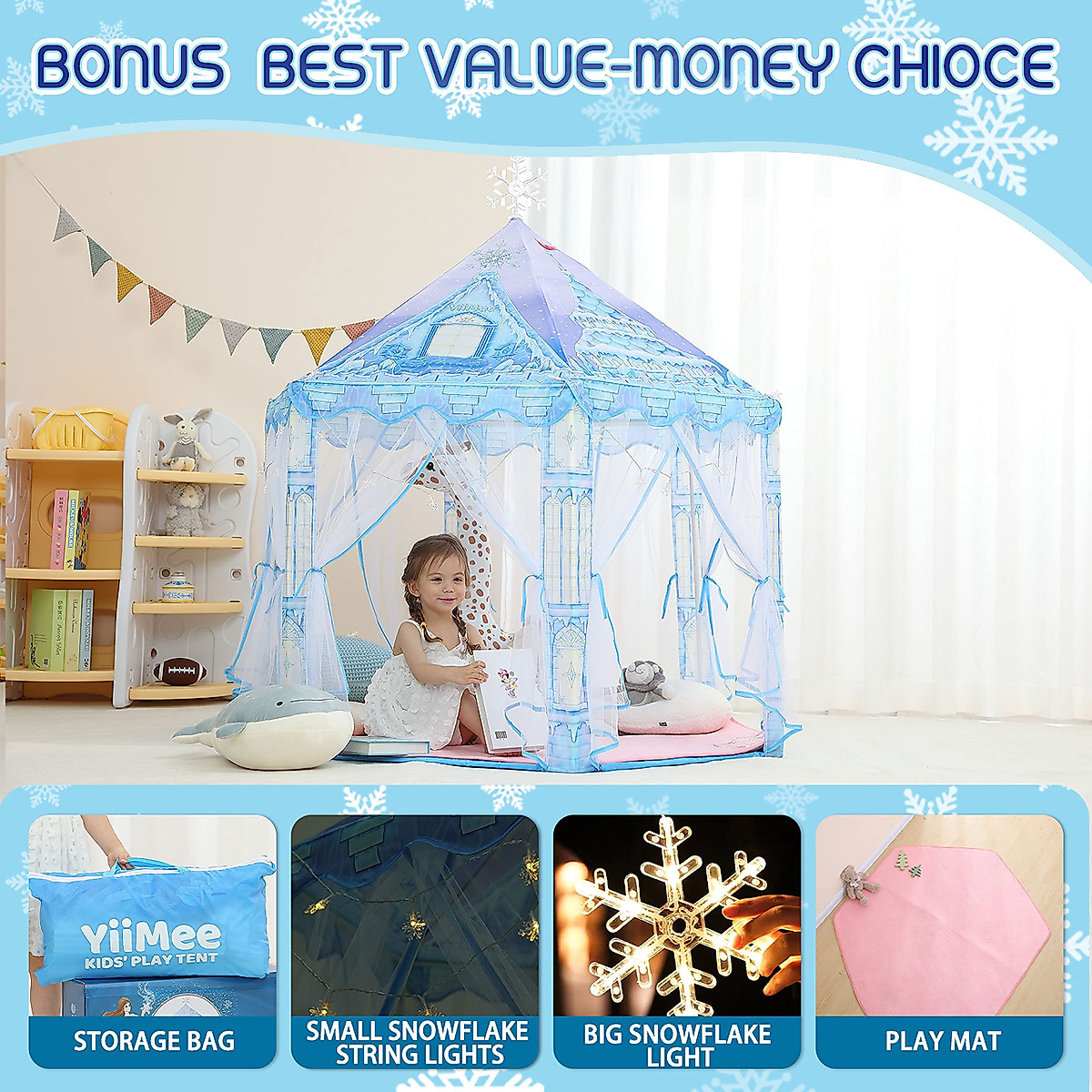 Premium Princess Play Tent - Frozen Toy for Girls with Enchanting Snowflake Lights - Spark Imagination with Princess Play Tent - Perfect for Indoor & Outdoor Play - Play Gifts Tent - Includes Cozy Rug