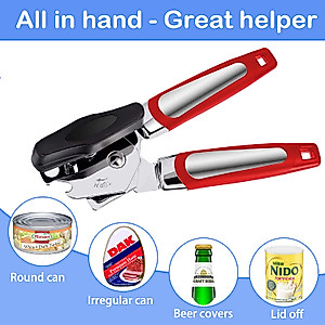 Can Opener, Tin opener Manual Can Opener Stainless Steel Jar Openers Heavy Duty Handheld Bottle Opener Kit Manual-Can-Openers Kitchen Tools for Beer/Tin/Bottle/Cans (Red)