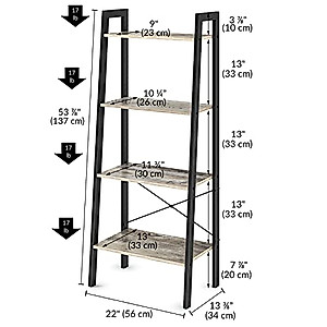 Ballucci Ladder Shelf, 4-Tier Bookshelf, Free Standing Bookcase Storage Rack Plant Stand, Industrial Accent Furniture for Living Room, Home Office, Bathroom, Bedroom - Rustic Gray