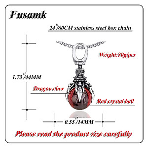 Fusamk Punk Rock Titanium Steel Dragon Claw Crystal Ball Pendant Necklace(Claw_Red_Ball)