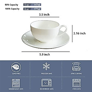 SUUNNYNNUS Porcelain Espresso Coffee Cups and Saucers, Cappuccino Cup, Set of 4 Bone China, for Latte, Cafe Mocha and Tea(white,5OZ)