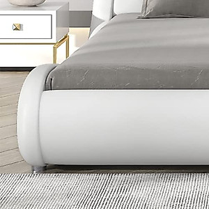 SHA CERLIN Full Size Bed Frame Luxury Wave-Like Modern Upholstered Low Profile Platform Bed, Faux Leather Sleigh Bed with Adjustable Headboard, No Box Spring Needed, White