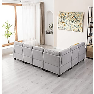 Convertible Sectional Sofa with Storage Ottoman 6 Seater L-Shaped Modular Modern Velvet Corner Couch for Living Room Apartment Office (Light Grey