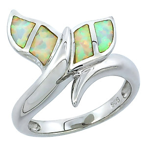 Sterling Silver White Synthetic Opal Whale Tail Ring for Women 3/4 inch Size 6
