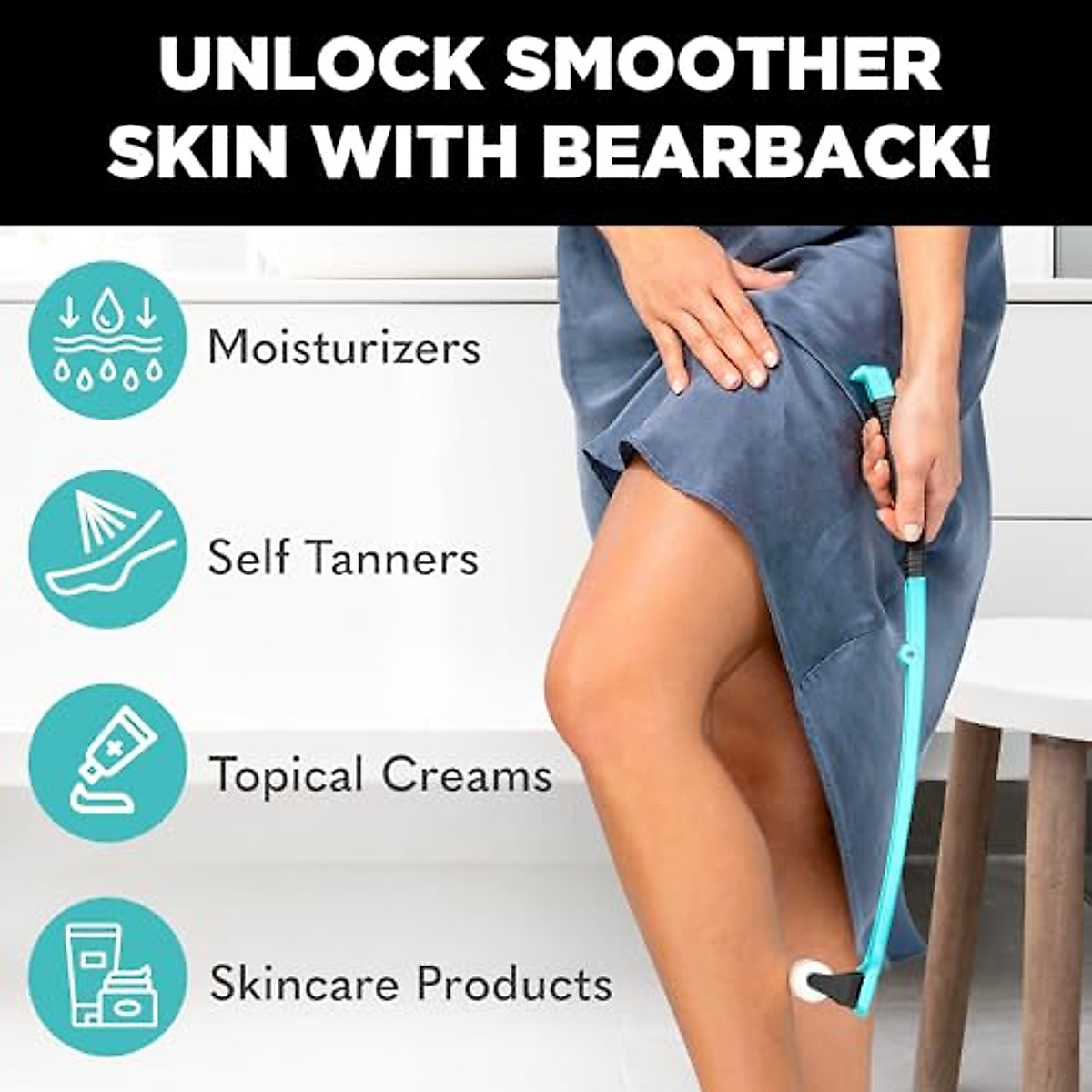 bearback Lotion Applicator for Back & Body – Premium Long Folding Handle with 2 Rollers – Apply Self-Tanner, Lotion, Medication – American Small Business (Teal)