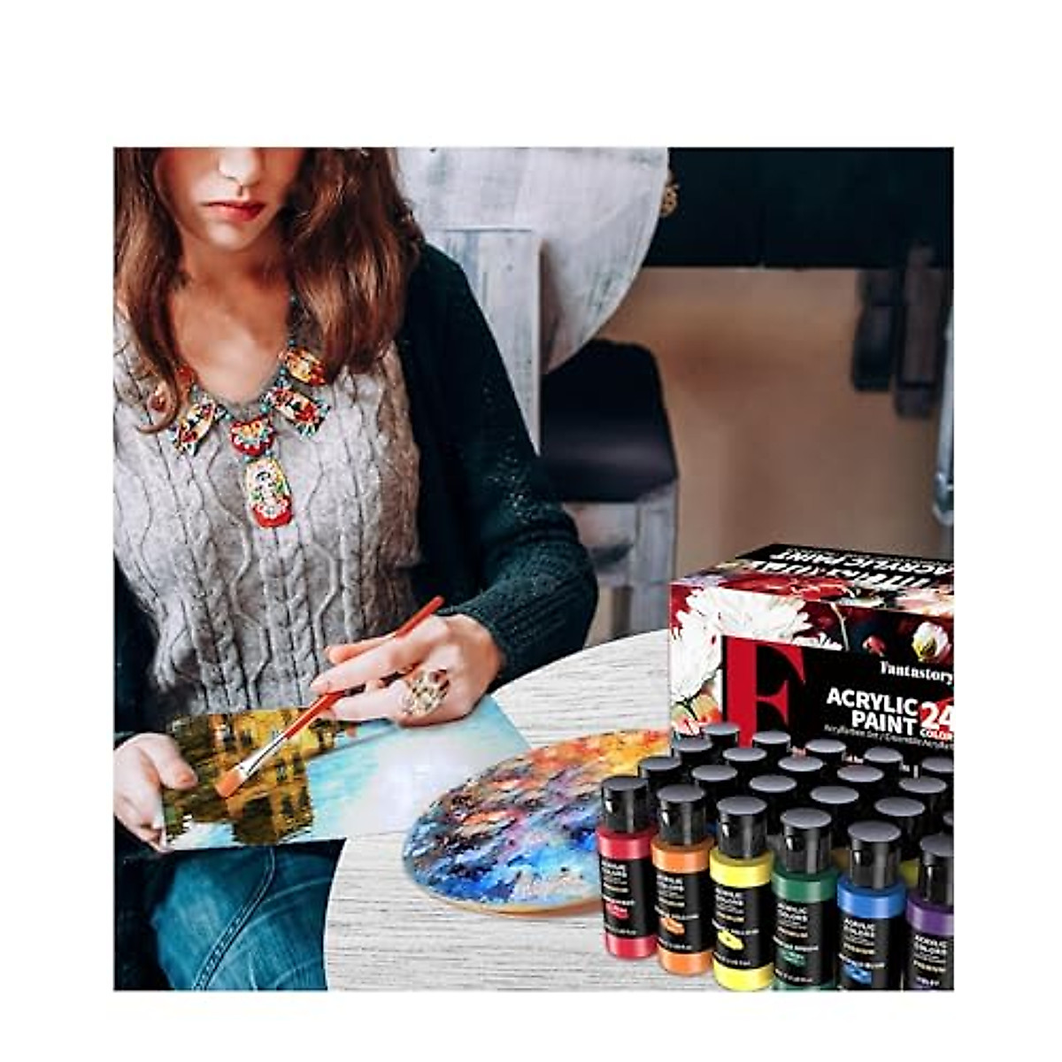 Fantastory Acrylic Paint Set, 24 Classic Colors(2oz/60ml), Professional Craft Paint, Art Supplies Kit for Adults Canvas/Fabric/Rock/Glass/Stone/Ceramic/Model/Wood Painting with 12 Brushes