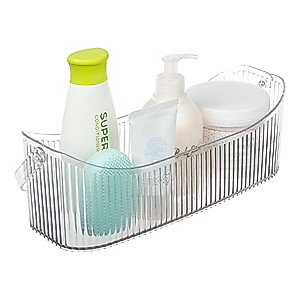 Yesesion Plastic Storage Organizer Basket with Handle, Bathroom Decor Holder for Cup, Beauty Products, Skincare, Perfume, Shower Caddy, Large Box for Toilet, Kitchen, Shelf, Cabinet, Vanity (Clear)