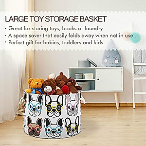 ALAZA Round Storage Basket Bin Cute Glasses French Bulldog Collapsible Waterproof Laundry Hamper Baby Nursery Basket Organizer with Handles for Bedroom Closet Toys Gifts