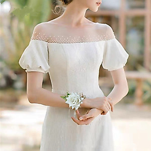 OUKEYI Rose Flower Wrist Corsage Boutonniere Set, Handmade Artificial Corsage Set, Bride Hand Flower Wristlet Band Bracelet and Men Boutonniere for Wedding Party Prom Decorations2PCS (White)