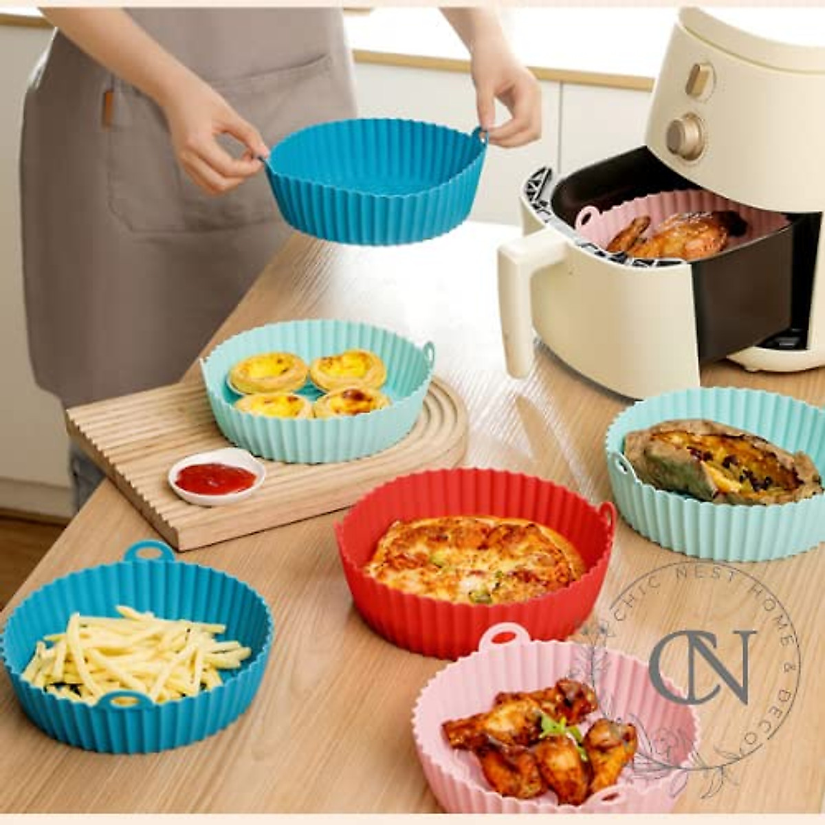 2 Pack Air Fryer Silicone Liners Pot for 3 to 5 QT, Air Fryer Silicone Basket Bowl, Replacement of Flammable Parchment Paper, Reusable Baking Tray Oven Accessories, Pink + Blue